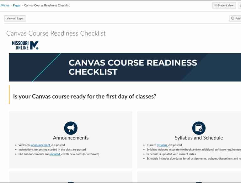 Canvas course readiness checklist | Missouri Online: Teaching